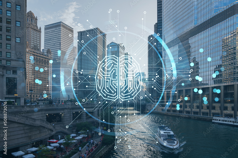 Panorama cityscape of Chicago downtown and Riverwalk, boardwalk with ...
