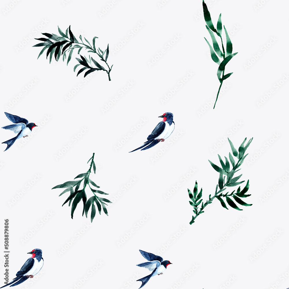 Seamless pattern nature of Asia birds,bamboo,sakura.Hand-drawn ...