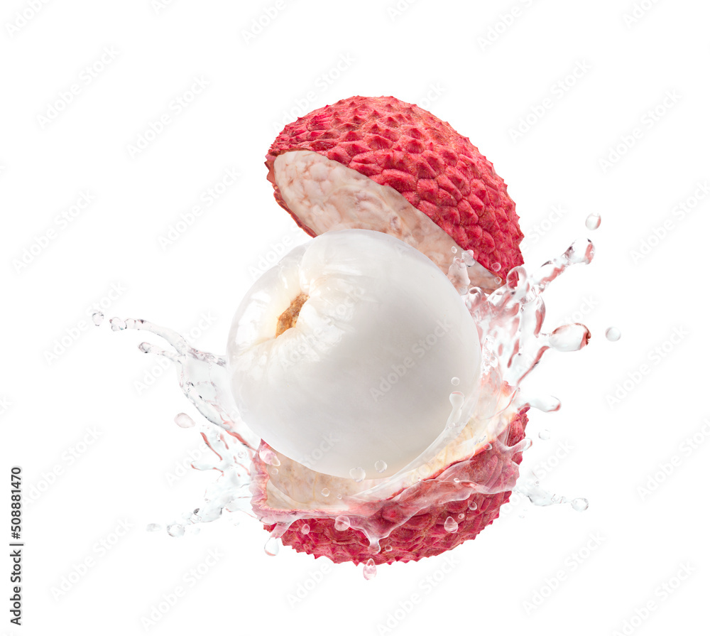 Foto de Lychee juice splash isolated on white background. do Stock ...