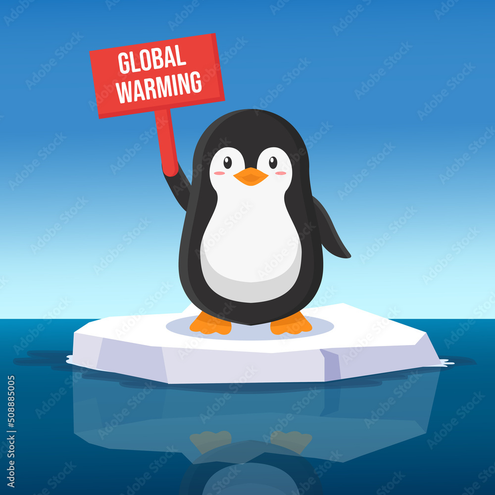 global warming illustration with a cute penguin holding global warming ...