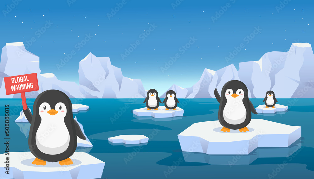penguins holding global warming banner standing on floating ice at ...