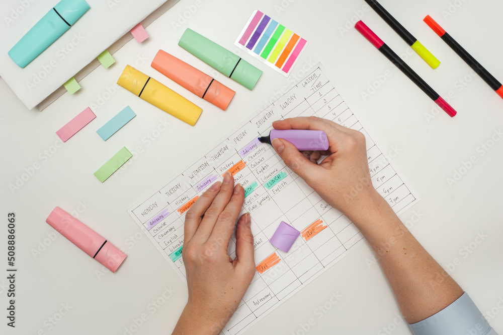 Planning the school year. Drawing up a student schedule. The girl makes ...