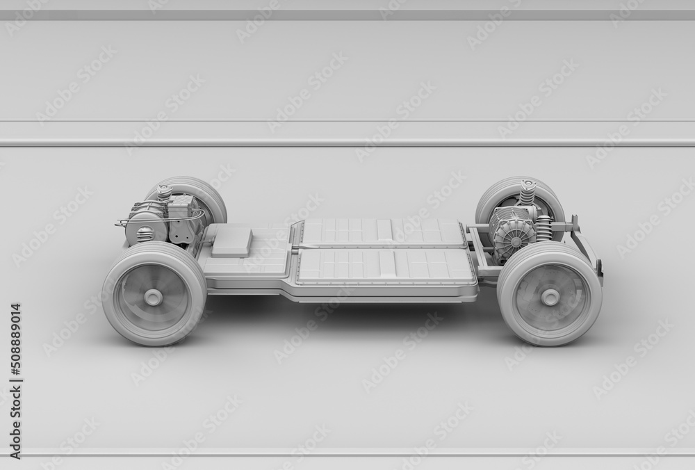 Clay rendering of electric vehicle chassis equipped with battery pack ...