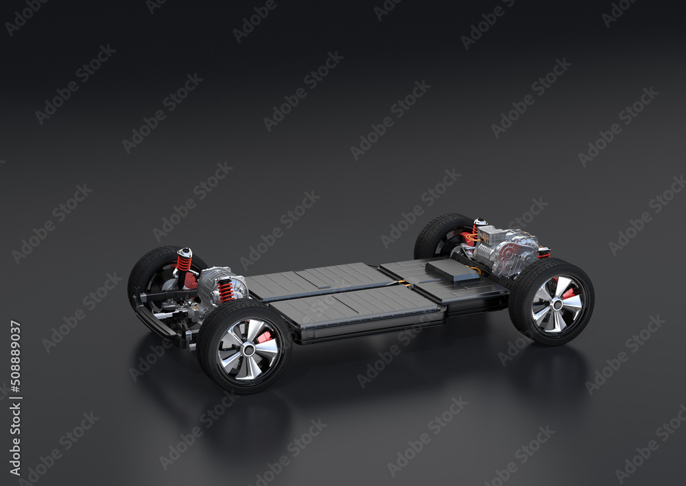 Cutaway view of SUV chassis equiped with electric vehicle battery pack ...