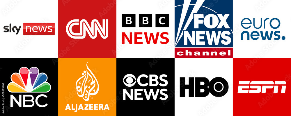 Most popular news networks logos: Sky news, CNN, BBC news, Fox news ...