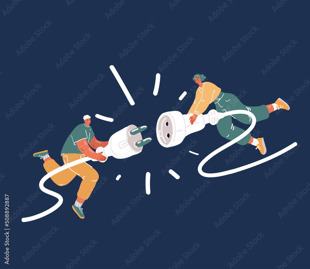 Cartoon vector illustration of Plug and socket. Man and woman try to ...