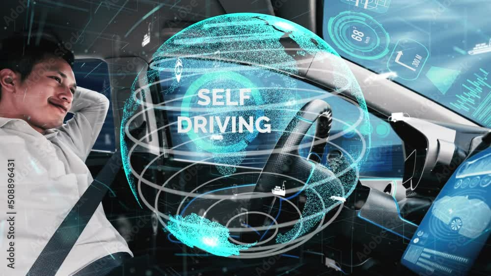 Self-driving autonomous car with relaxed young man sitting at driver ...