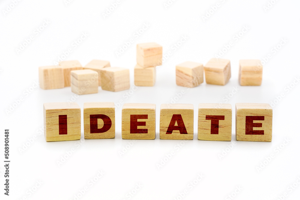 wooden cube box in wording IDEATE that is the THIRD step of Design ...