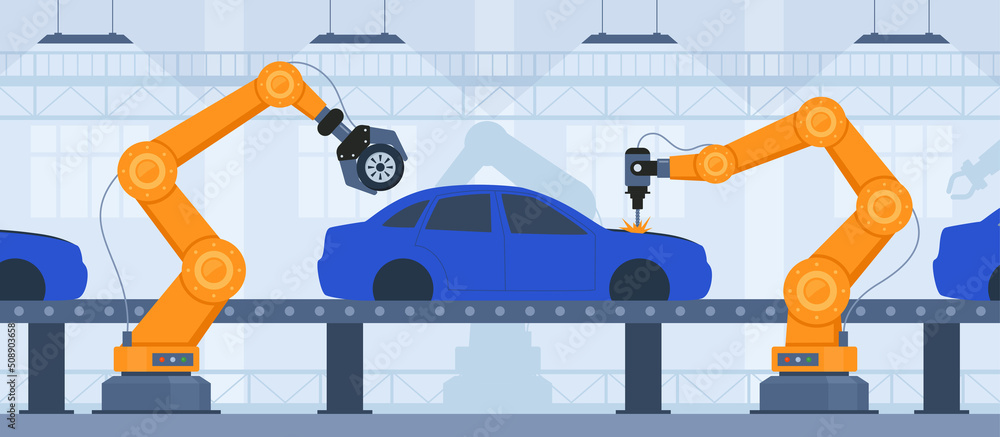 Process of automated car production. Wehicle parts on the machinery ...