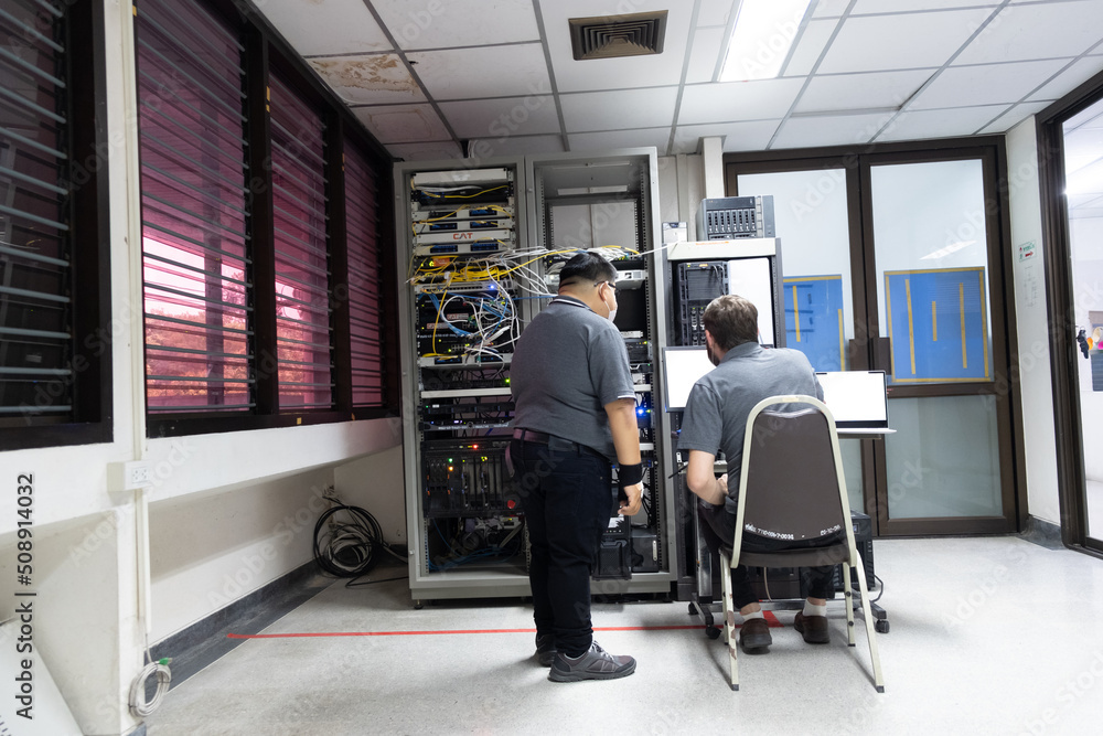 IT technical problem in server room with data connection visual effect ...