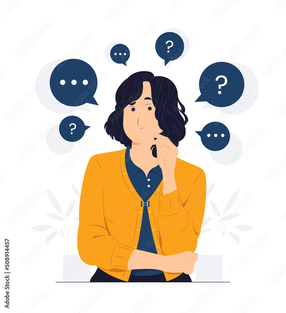 Concept illustration of Woman Questioned, thinking, and confused with ...