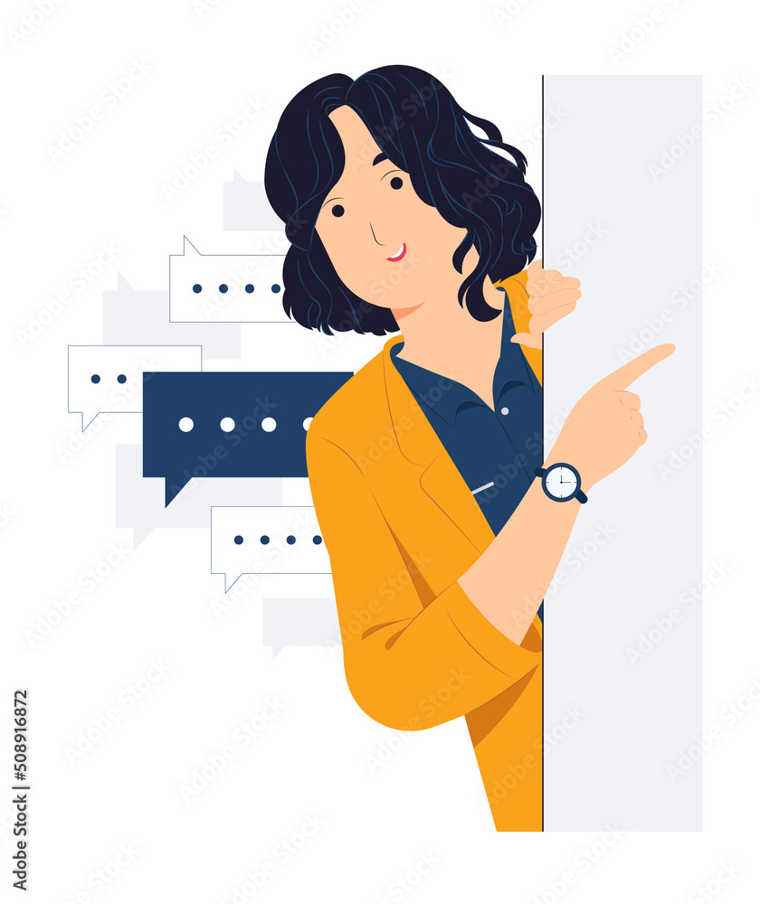 Concept illustration of Young Businesswoman standing behind a wall ...