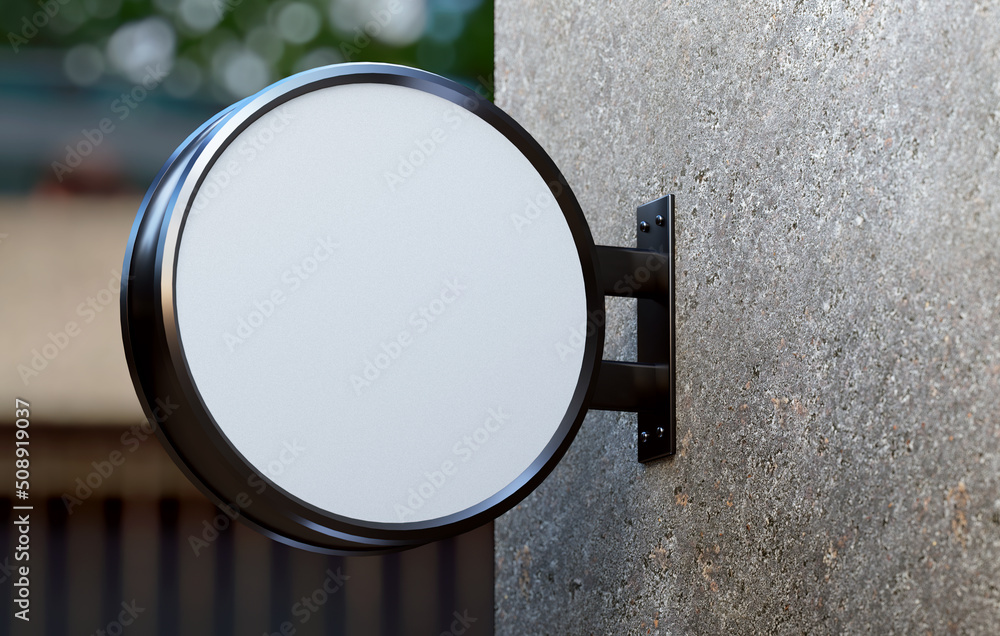 Rounded wall signage mockup hanging on the wall of a store. Outdoor ...