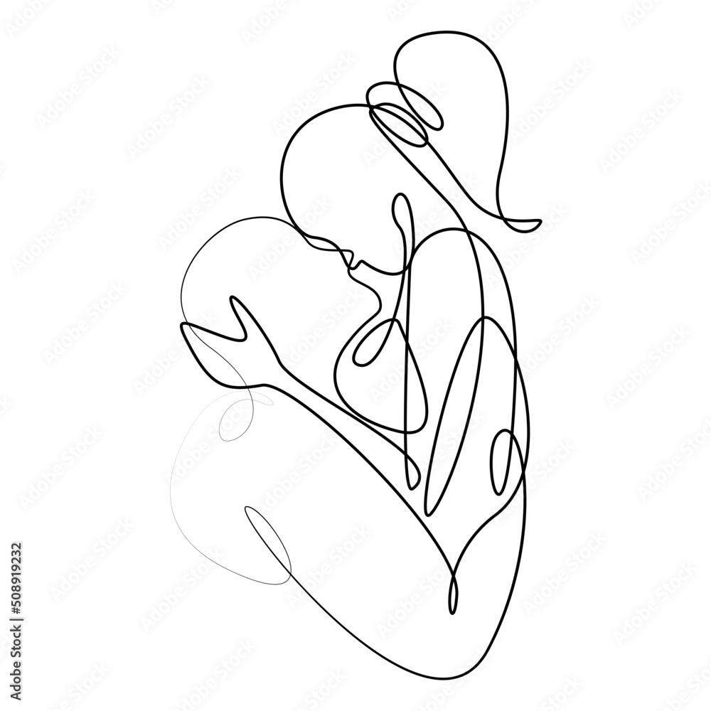 Kiss Illustration Stylized People Couple In Love Drawn With One Line Closed Line Isolated On