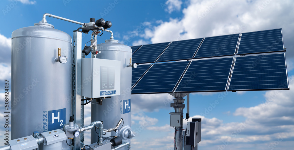 Tanks with hydrogen on the background of solar panels. Getting green ...