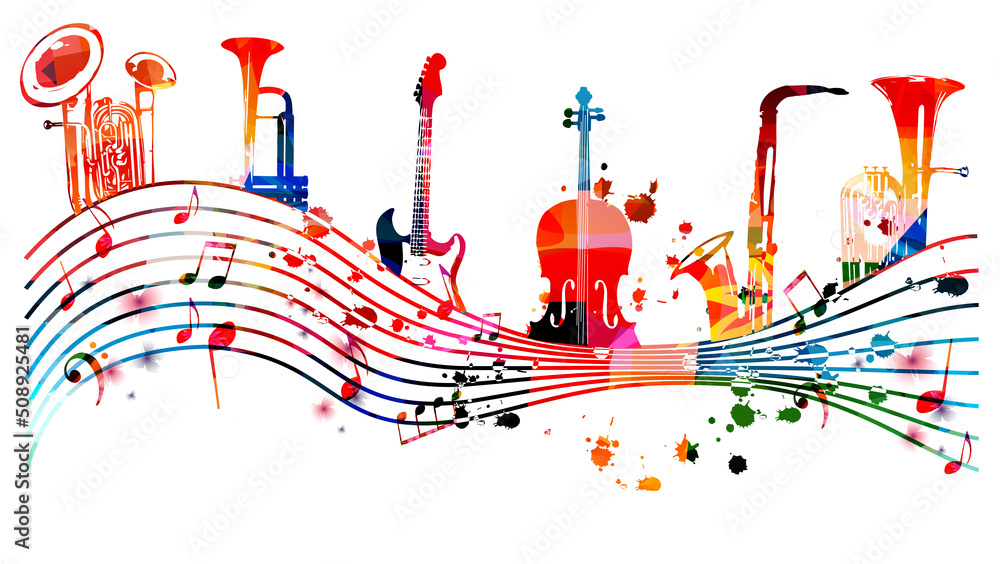 Colorful musical instruments bundle with musical notes isolated vector ...