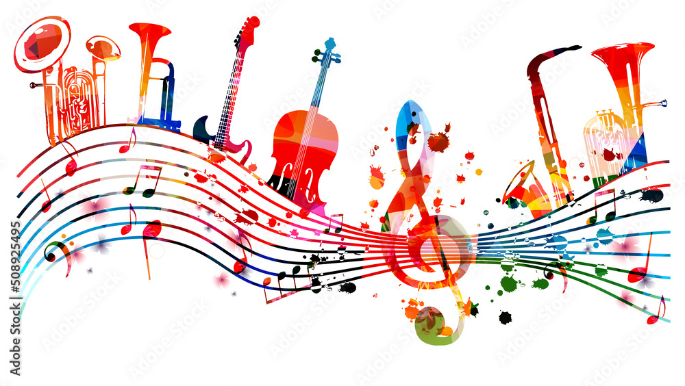 Colorful musical instruments bundle with musical notes and clef ...