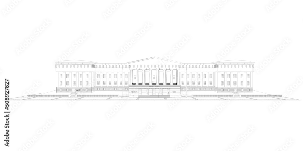 Outline of a large museum from black lines isolated on a white background. Front view. Vector ...
