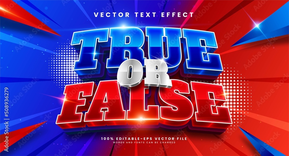 True or false 3d editable text effect with red and blue color, suitable ...