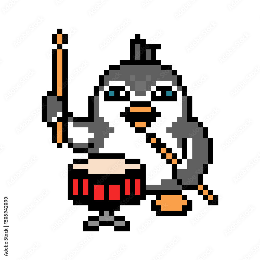 Penguin drummer playing snare drum with drumsticks, pixel art animal ...