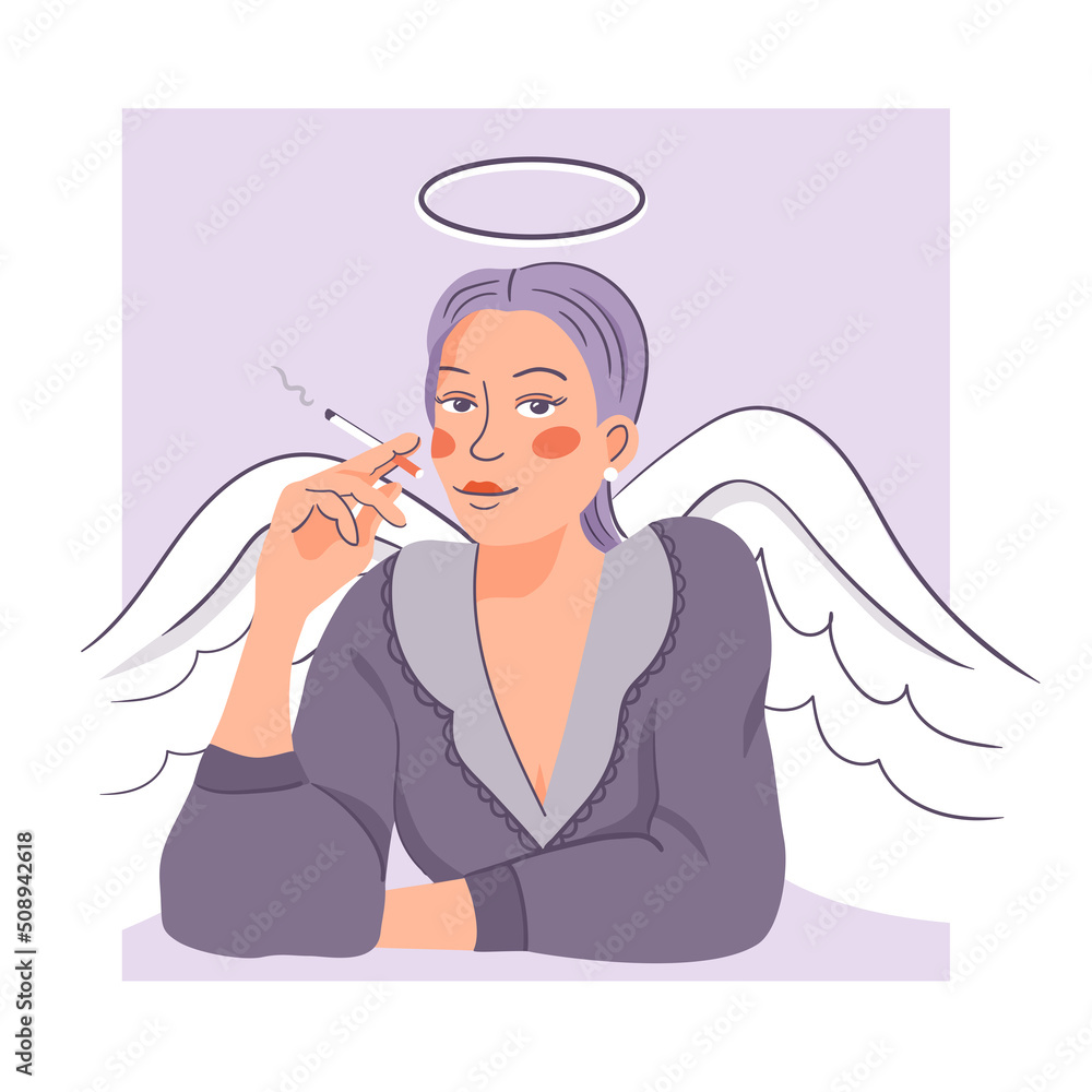 Vector illustration of a smoking angel girl with a halo. Vector ...
