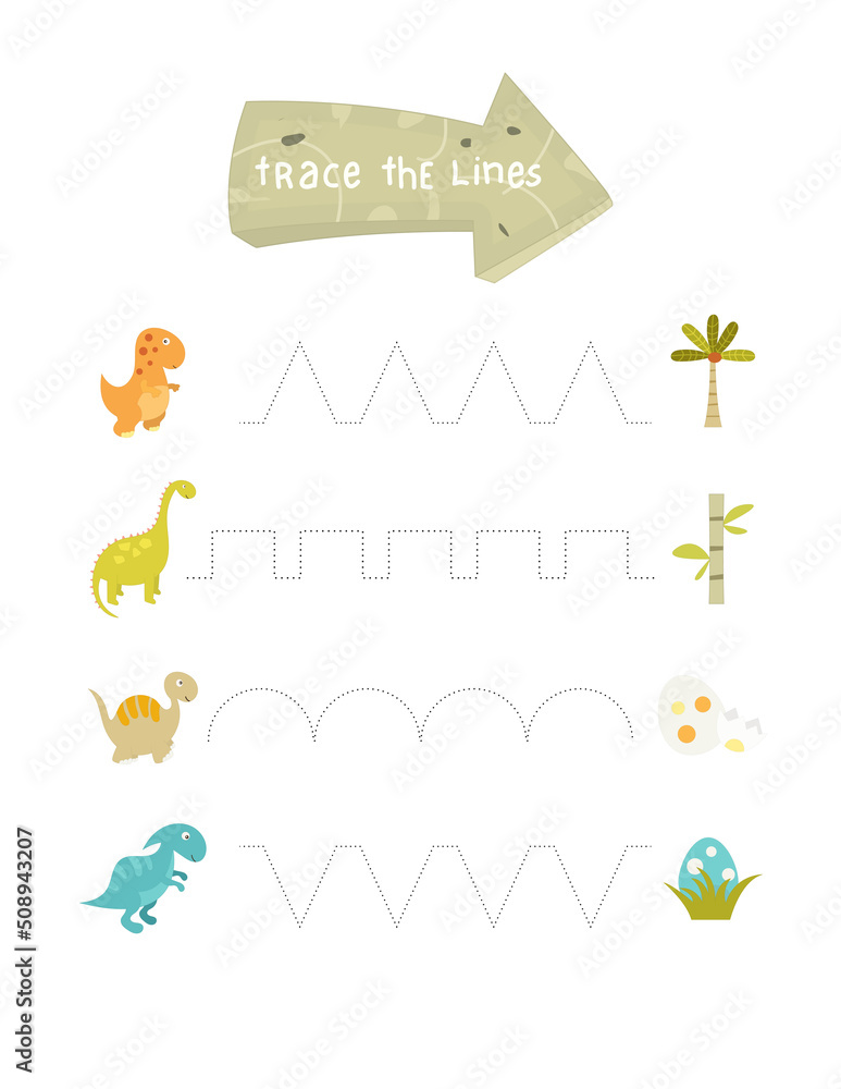 Dinosaurs Games and Activities for kids. Trace the Lines. Vector ...