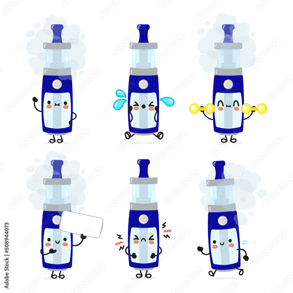 Funny cute happy vape characters bundle set. Vector hand drawn doodle ...