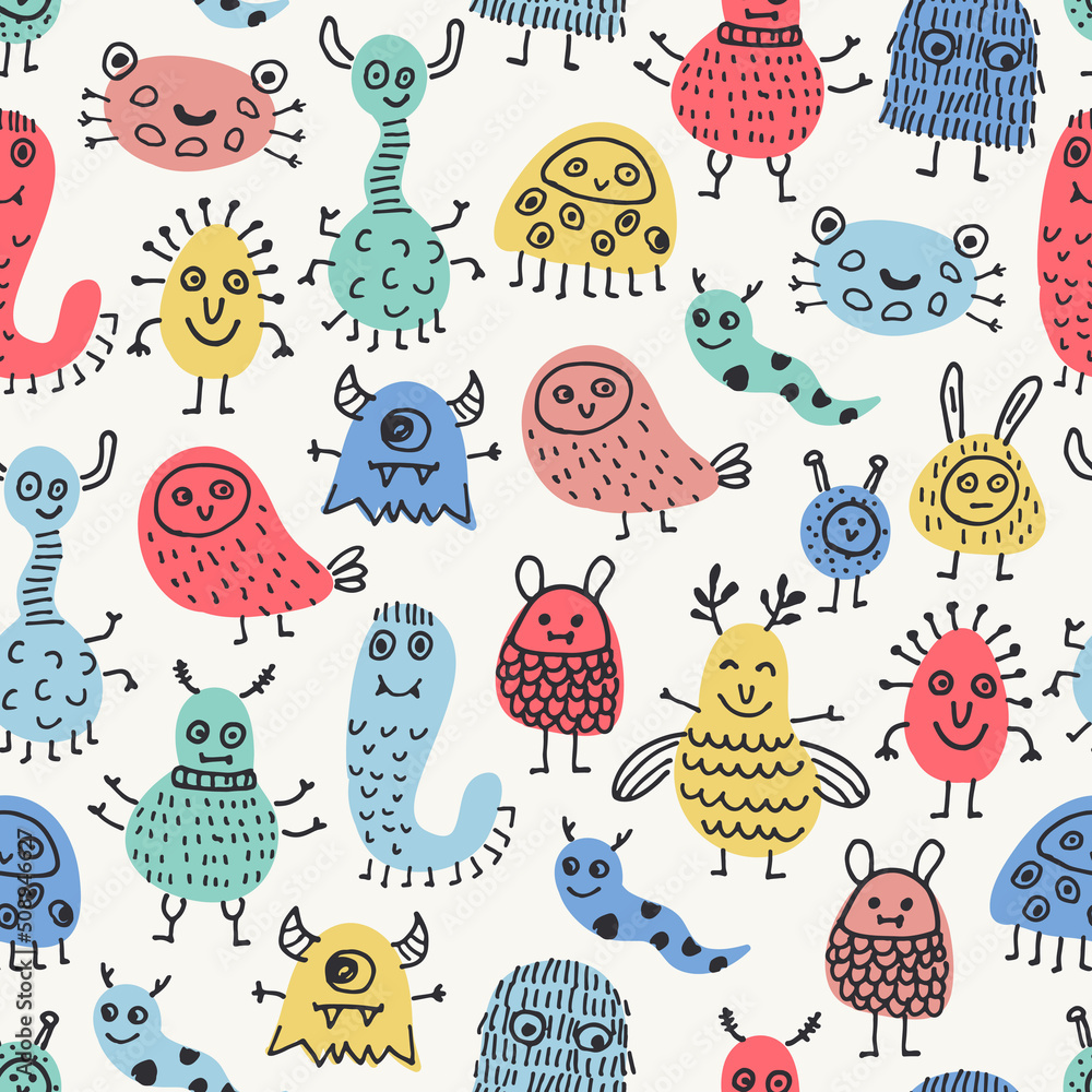 Seamless pattern with cute color monsters Stock Vector | Adobe Stock