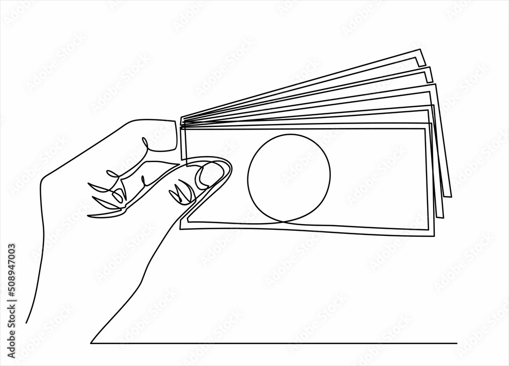 Continuous line drawing of hands holding piles of money banknotes ...