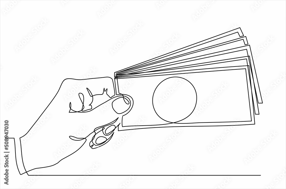 Continuous line drawing of hands holding piles of money banknotes ...