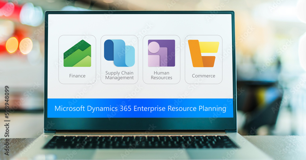 Laptop displaying icons of Microsoft Dynamics 365 ERP software Stock ...
