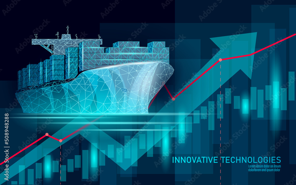 Container ship transportation symbol. 3D low poly sea map industrial ...