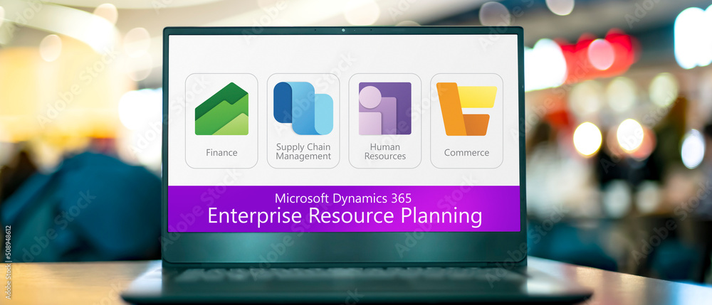 Laptop displaying icons of Microsoft Dynamics 365 ERP software Stock ...