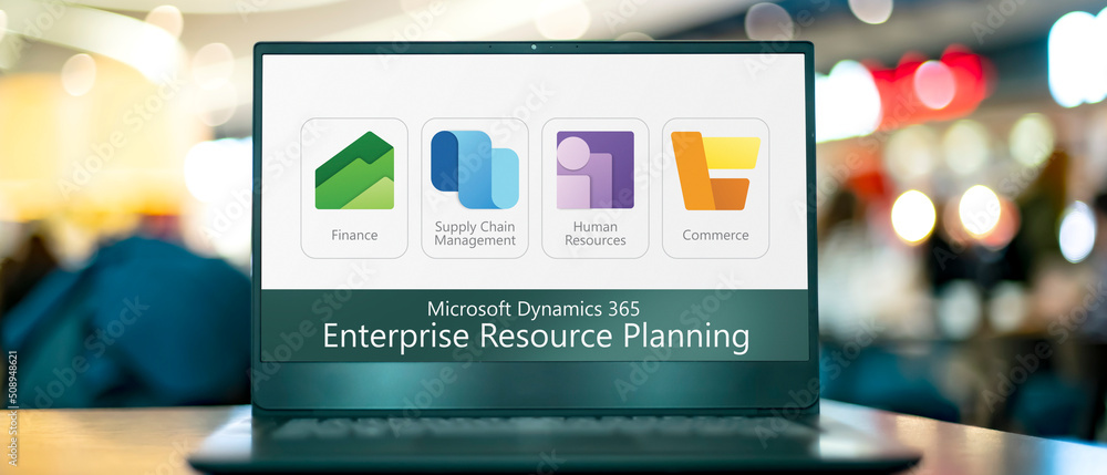 Laptop displaying icons of Microsoft Dynamics 365 ERP software Stock ...