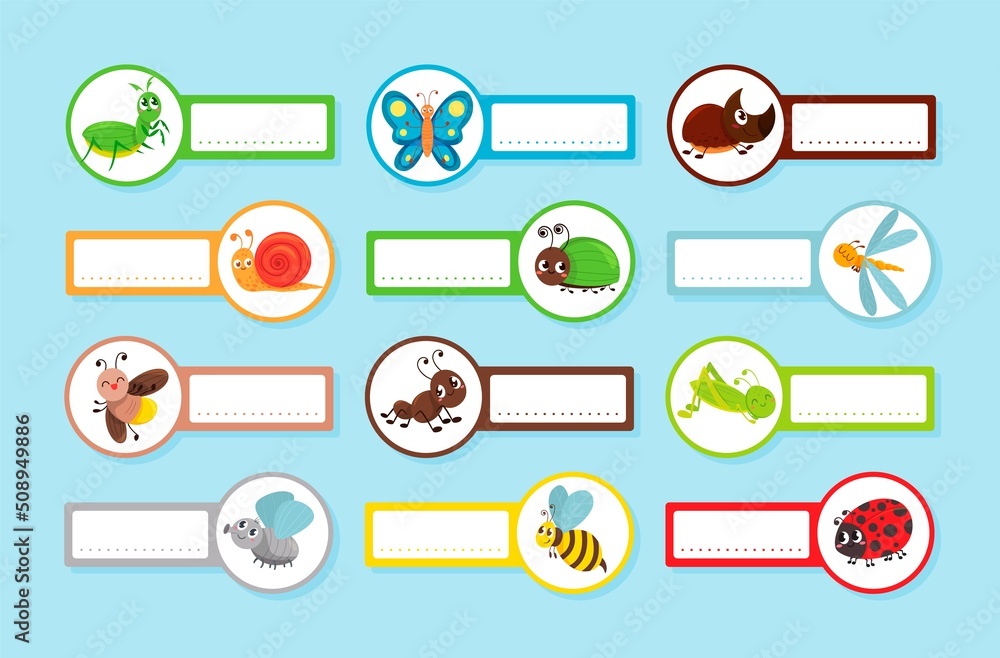 Collection name tags for kids vector illustration. Set childish labels ...