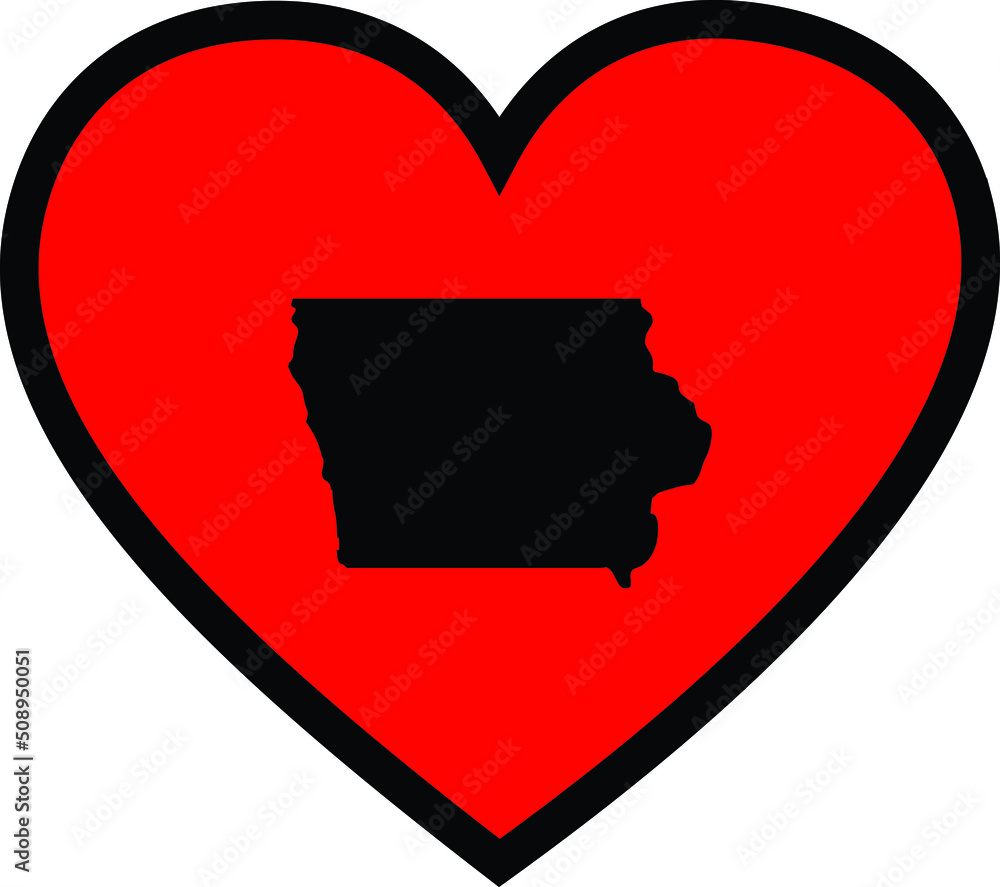 Black Map of US federal state of Iowa inside red heart shape with black ...