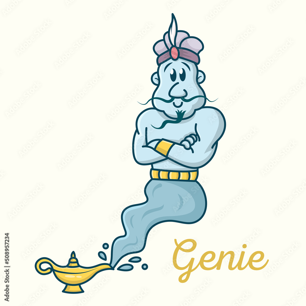 Genie from lamp. Magical character in red Arabic turban. Character ...