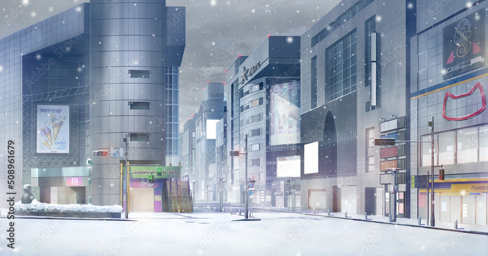 Shibuya the shopping center with Snowing, 2D Anime background ...