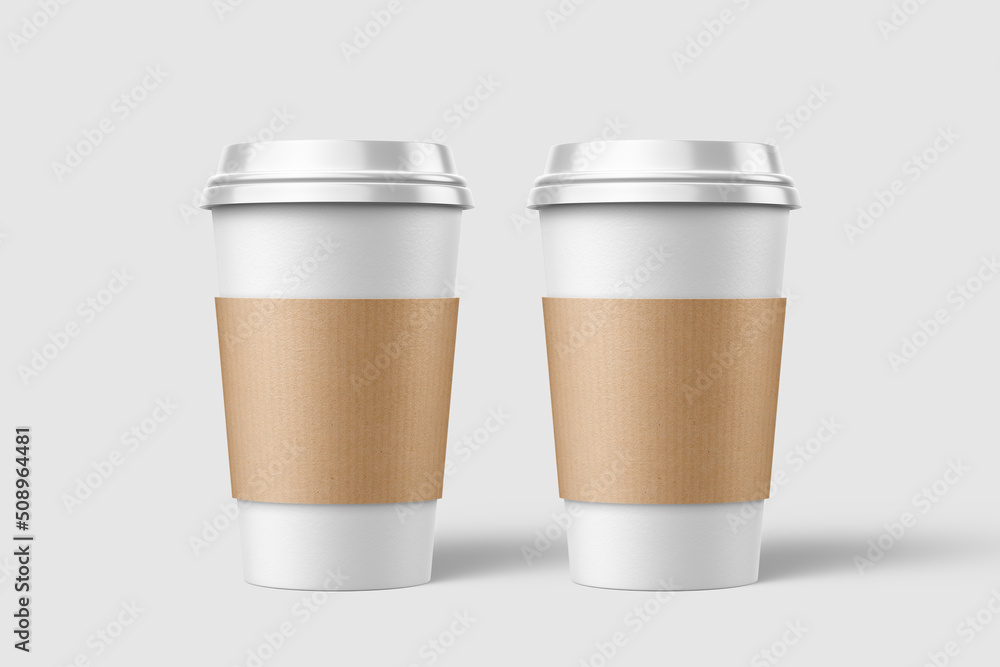 Two paper coffee cup with sleeve mockup template, isolated on light ...
