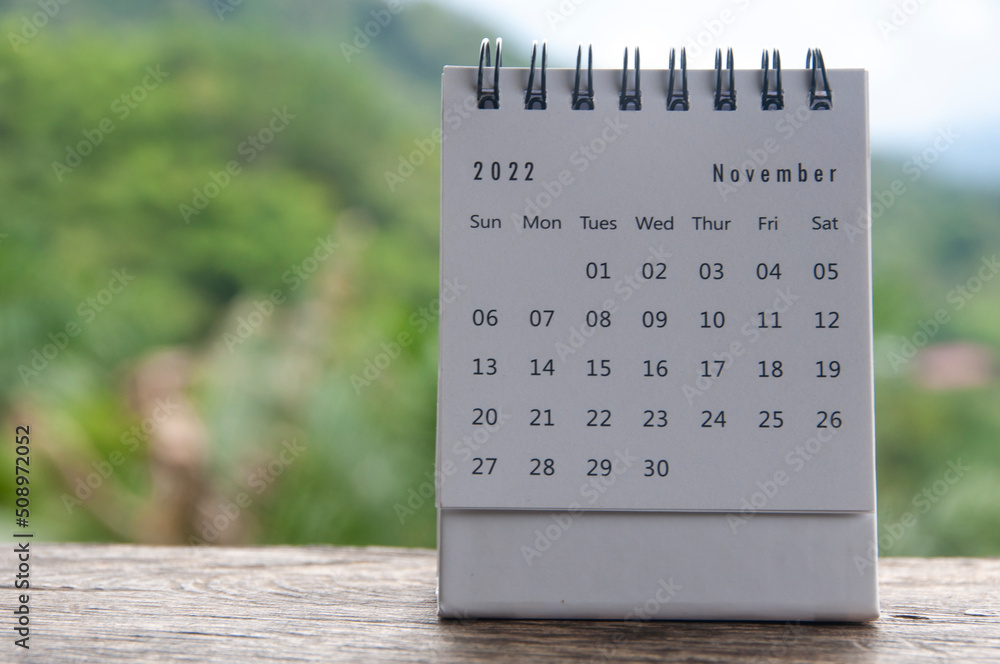 November month calendar with blurred nature background. Copy space and ...