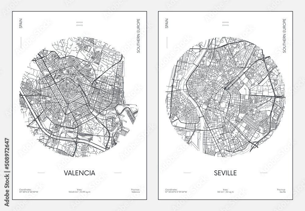Travel poster, urban street plan city map Valencia and Seville, vector ...