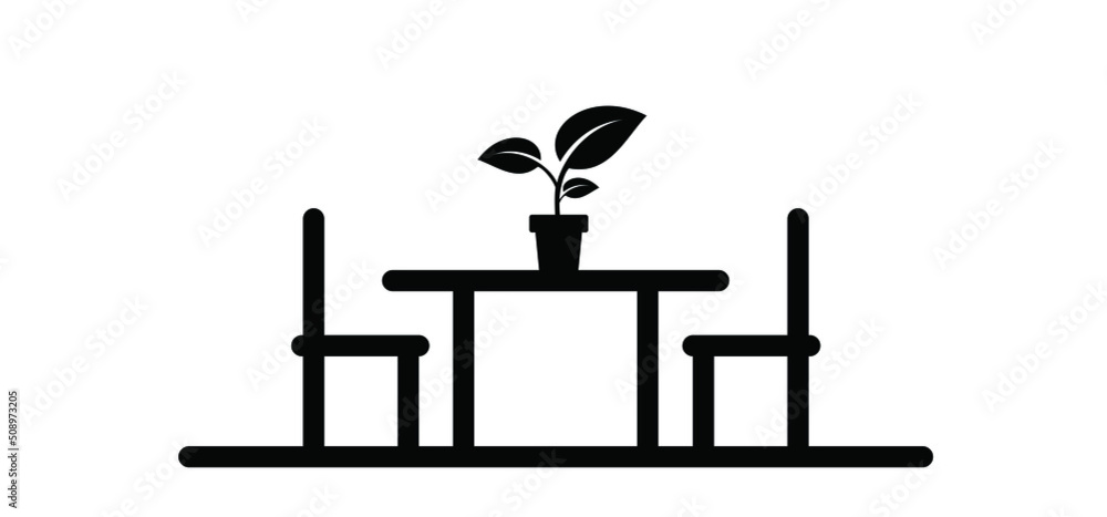 Cartoon stickman, stick figure tables and flower pots pictogram. House ...