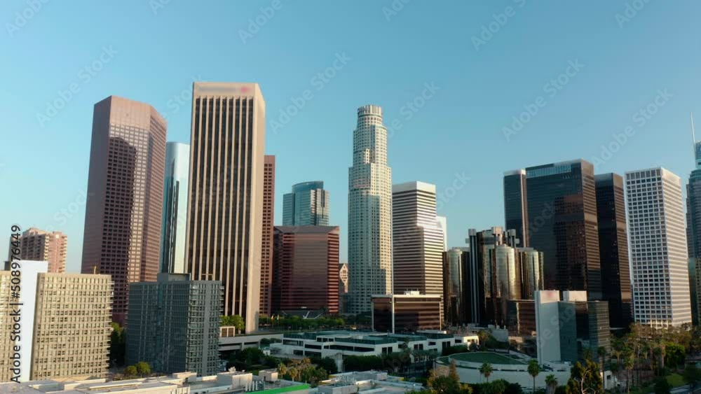 Los Angeles freeway traffic with the stunning city skyline and ...