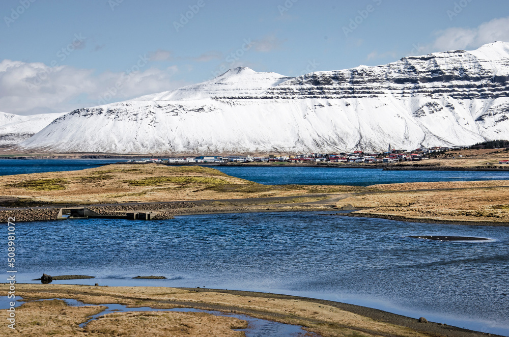 Grundarfjörður, Iceland, May 6, 2022: view towards the town along the ...