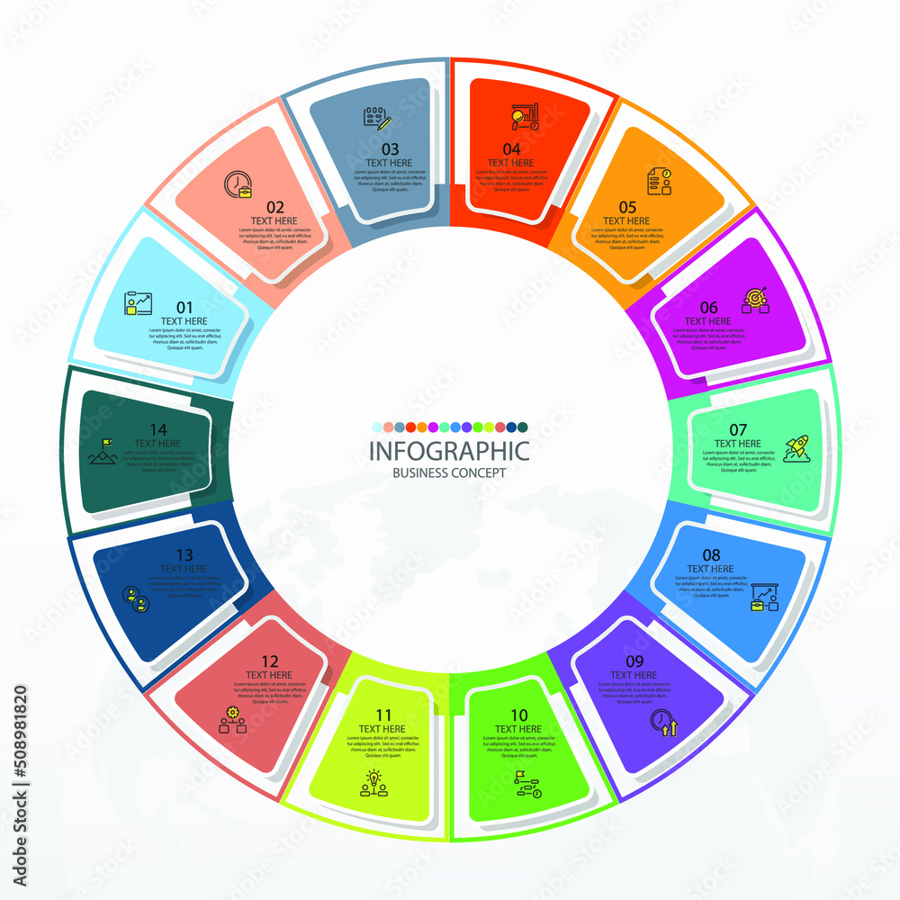 Basic circle infographic template with 14 steps, process or options ...