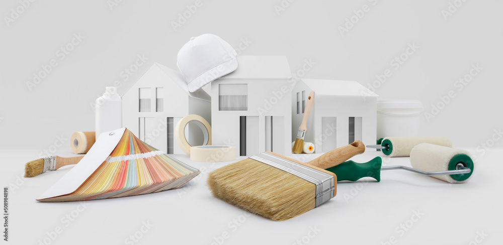 house painter tools, brushes, paint rollers, paper masking tape and ...
