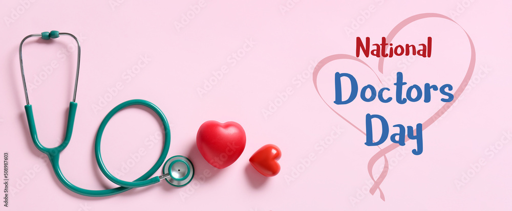 Modern stethoscope and hearts on pink background. National Doctors Day ...
