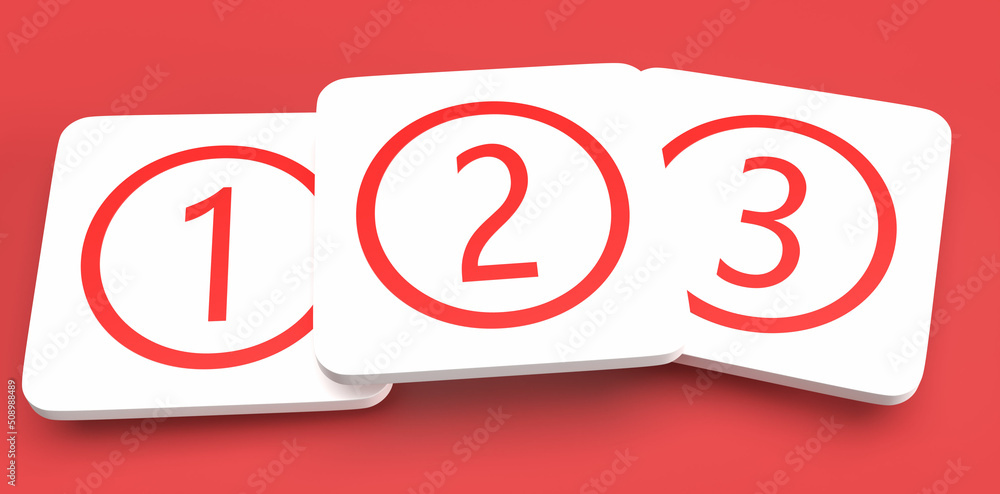 The numbers 1, 2 and 3 in red letters on white rectangular plates ...
