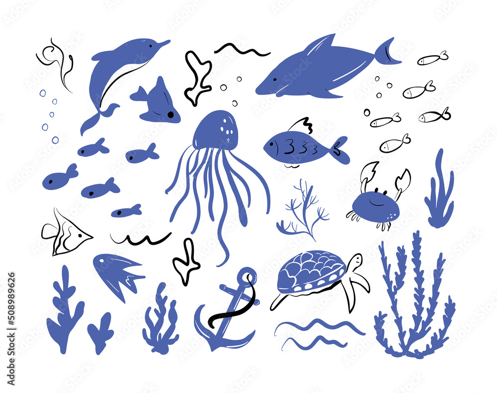 Cute cartoon shark, crab, jellyfish, star, dolphin, turtle ,fish,sea ...