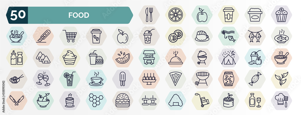 set of food web icons in outline style. thin line icons such as knife ...